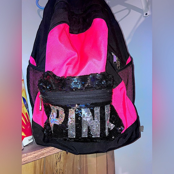 PINK Victoria's Secret | Bags | Pink Black Hot Pink Sequence Backpack ...